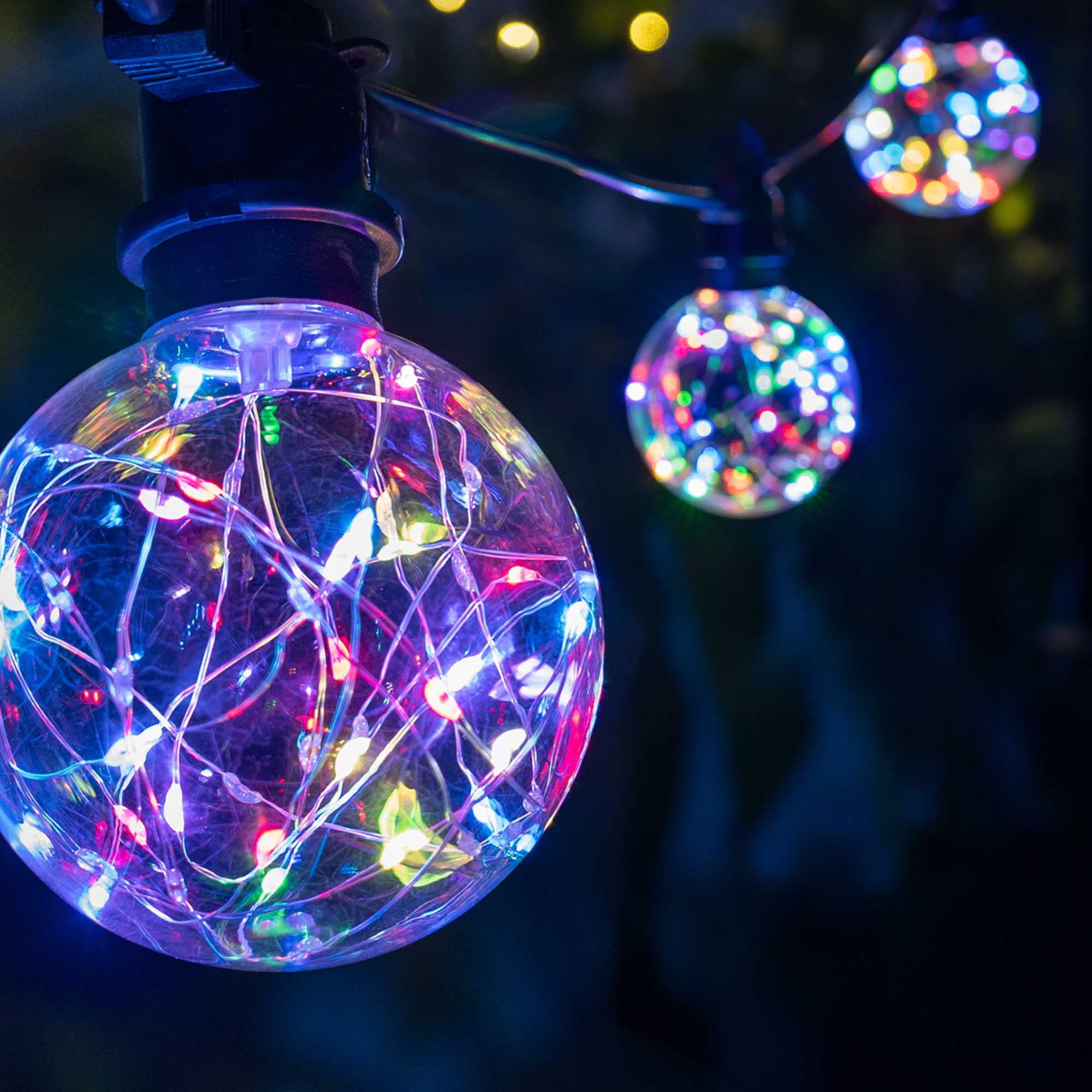 Patio Lights - RGB LED Fairy Lights, G95 Bulbs on Black Wire