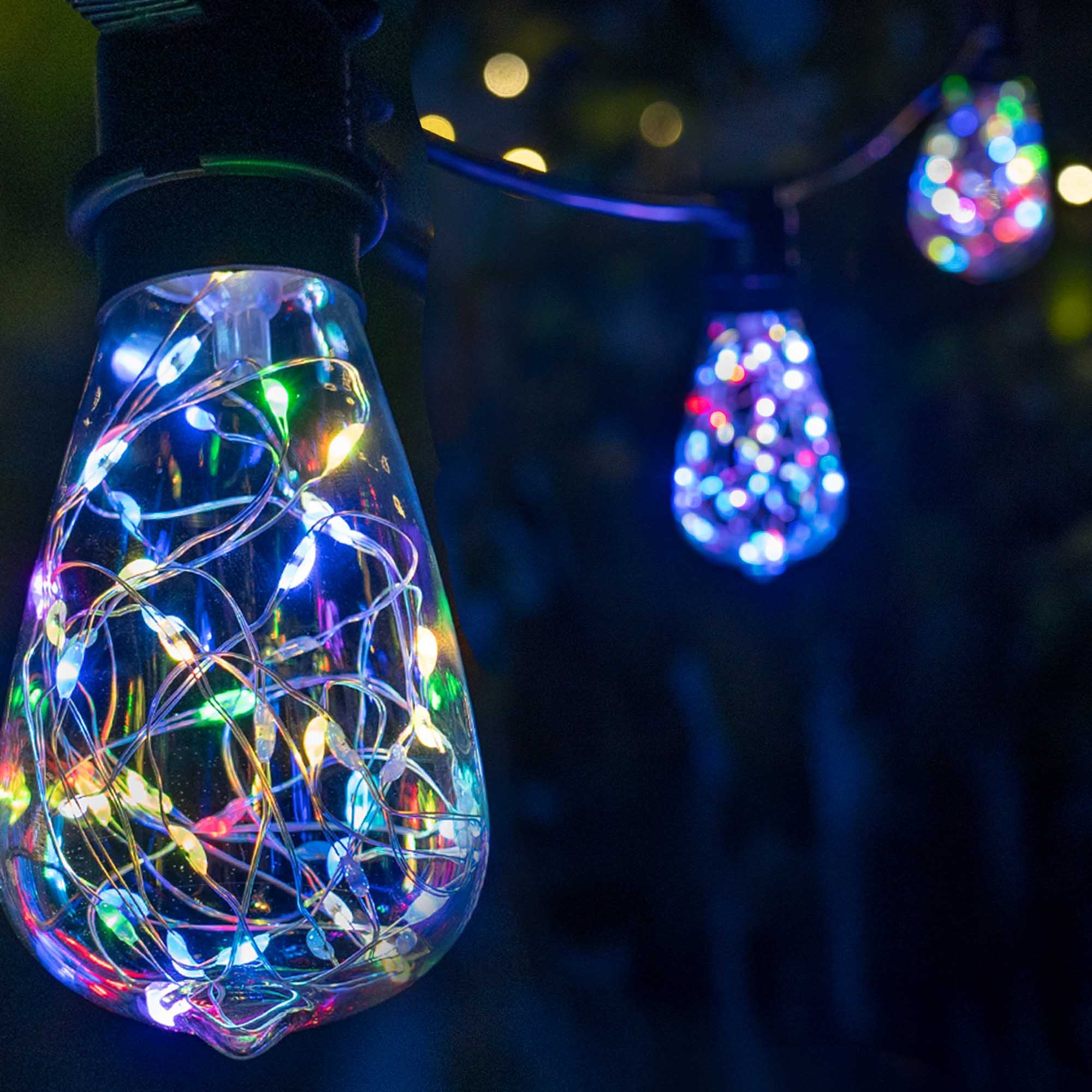 Patio Lights - RGB LED Fairy Lights, ST64 Bulbs on Black Wire