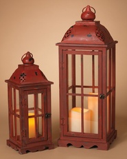 Antique Red Metal And Wood Lanterns Set Of 2 Antique Red Metal And Wood Lanterns Set Of 2
