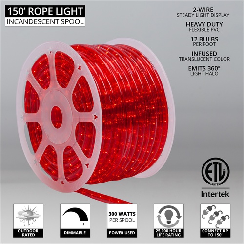 Red Rope Light, 2 Wire 1/2", 120 Volt