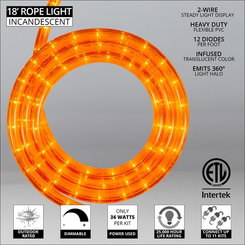 Orange Rope Light, 2 Wire 1/2", 120 Volt
