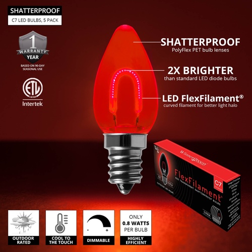 C7 Red Shatterproof FlexFilament LED Vintage Christmas Light Bulbs
