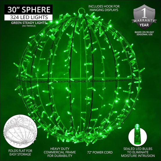 Green LED, Commercial Mega Sphere Christmas Light Ball, Fold Flat