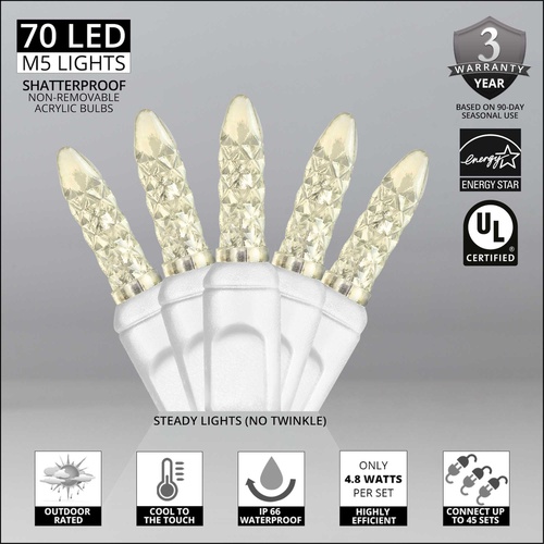 M5 Warm White LED Christmas Lights, White Wire