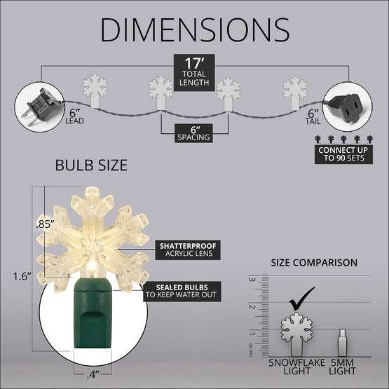Novelty Lights - 35 Snowflake Warm White LED Lights, 6" Spacing