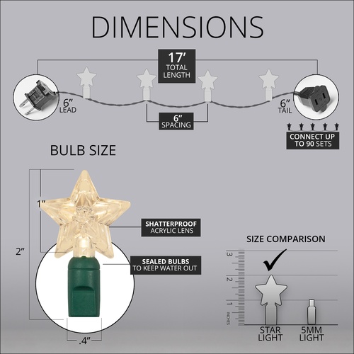 Novelty Lights - 35 Warm White Star LED Lights, 6" Spacing