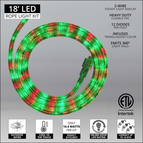 Red, Green LED Rope Light, 2 Wire 1/2", 120 Volt