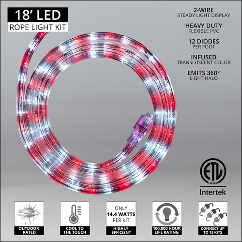 Red, Cool White LED Rope Light, 2 Wire 1/2", 120 Volt