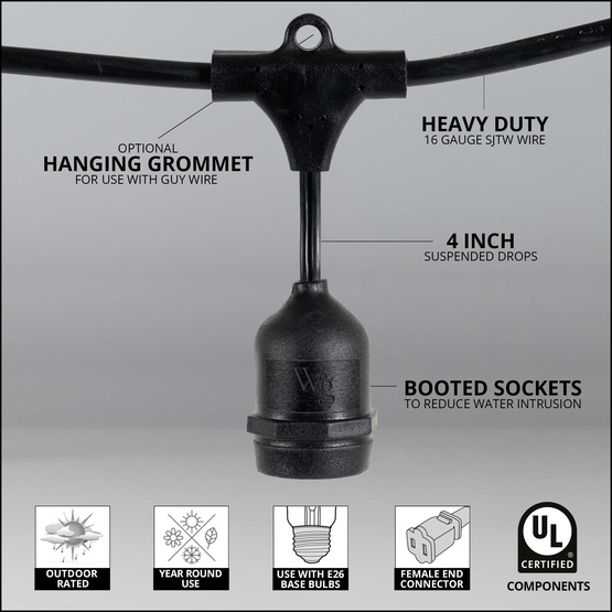 Outdoor Patio String Lights - 15' E26 Commercial Patio Light Stringer ...
