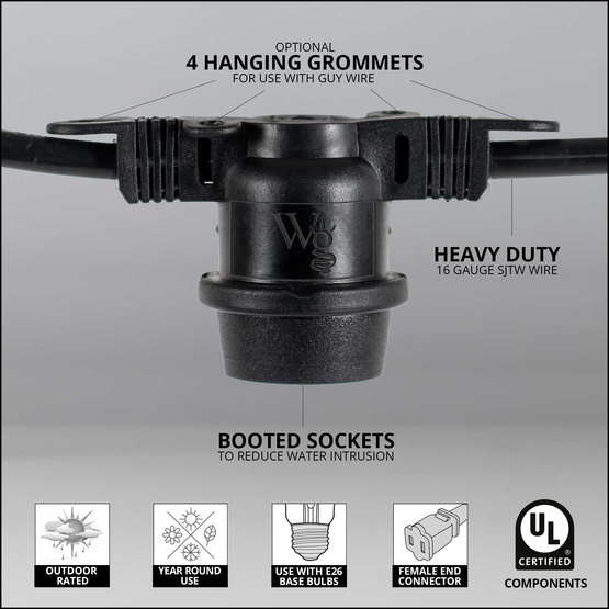 Outdoor Patio String Lights - 45' E26 Commercial Patio Light Stringer, SJTW Black Wire, 36" Spacing