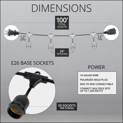Outdoor Patio String Lights - 100' E26 Commercial Patio Light Stringer ...