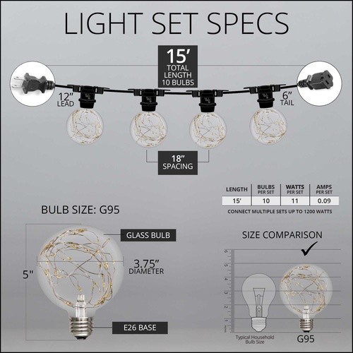 Patio Lights - Warm White LED Fairy Lights, G95 Bulbs on Black Wire