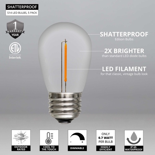 S14 Warm White Shatterproof LED Filament Edison Bulb, 5-Pack
