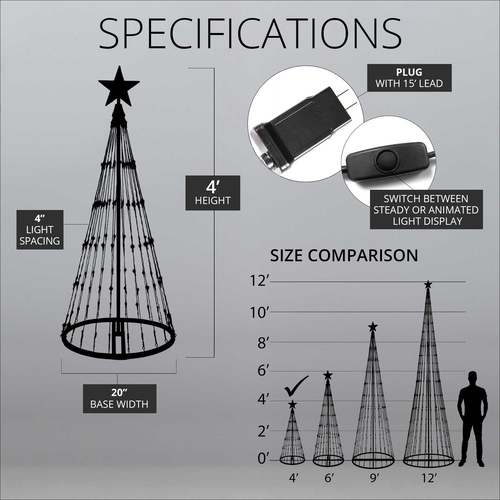 Cool White LED Animated Outdoor Lightshow Tree, Black Frame