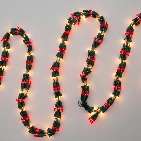 Garland Lights - 9' Garland Lights, 300 Red/Clear Lights, Green Wire