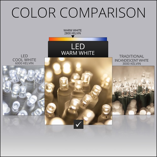 5mm Warm White LED Christmas Lights, Commercial, White Wire