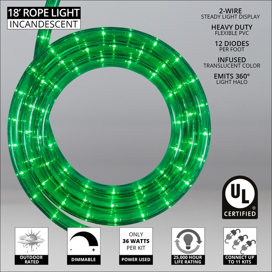 Rope Lighting - 18' Green Rope Light, 120 Volt
