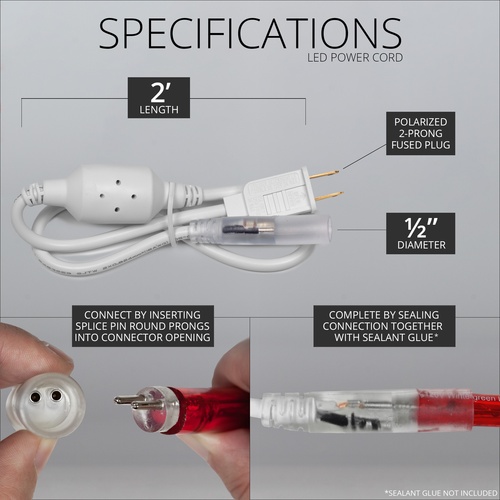 Rope Light - 2 Wire, 1/2" (13mm), Power Cord for LED Rope Light, 2', 1 Pack