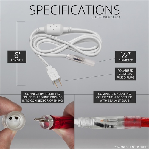 Rope Light - 2 Wire, 1/2" (13mm), Power Cord for LED Rope Light, 6', 1 Pack