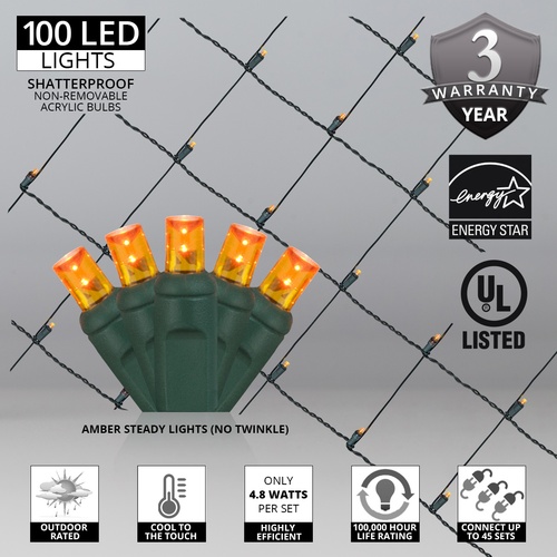 5mm Amber LED Net Lights, Green Wire