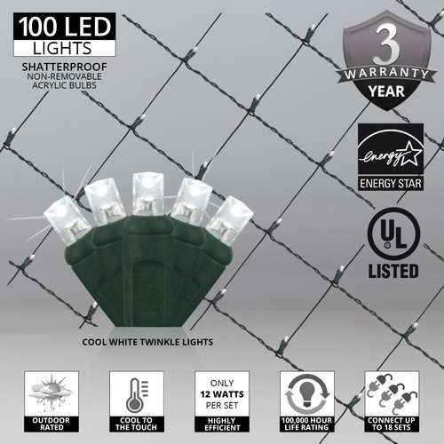 5mm Cool White Twinkle LED Net Lights, Green Wire