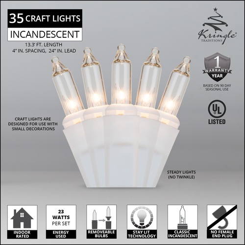 White Christmas Lights - 35 Clear Mini Lights, 4" Spacing, White Wire