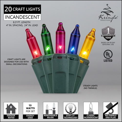 Christmas Lights - 20 Multi Color Craft Mini Lights, 4" Spacing, Green Wire