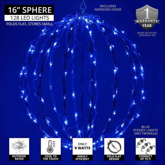 Blue LED Christmas Light Ball, Fold Flat Blue Frame