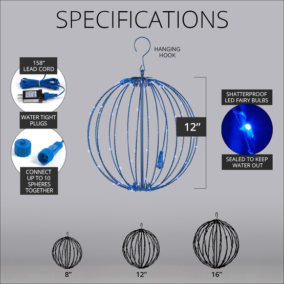 Blue LED Fairy Christmas Light Ball, Fold Flat Blue Frame