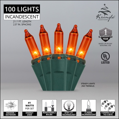 Christmas Lights - 100 Amber / Orange Lights, 2.5" Spacing, Green Wire
