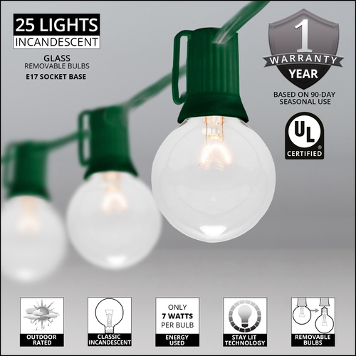 Patio Lights - Commercial Clear Globe String Lights, G50 Bulbs on Green ...